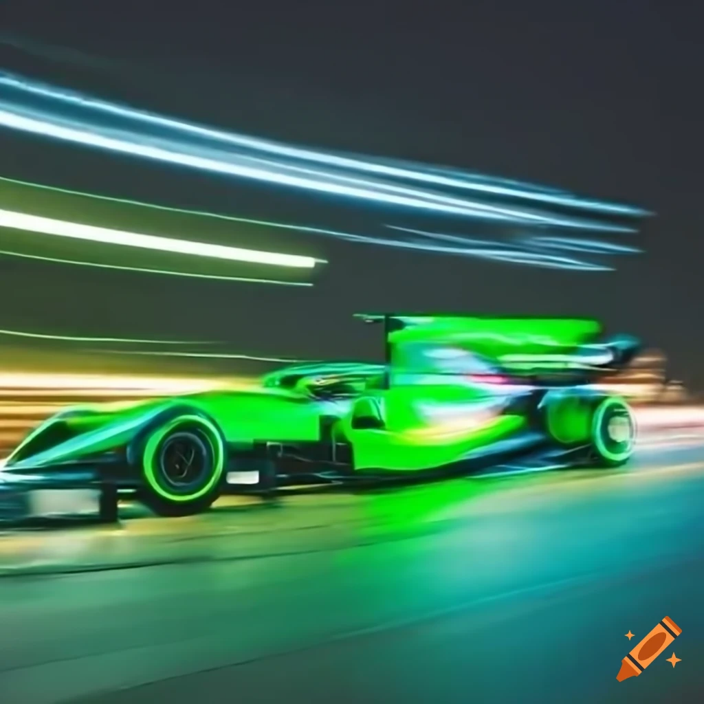 Green Formula 1 car racing through urban Saudi Arabia with dramatic ...