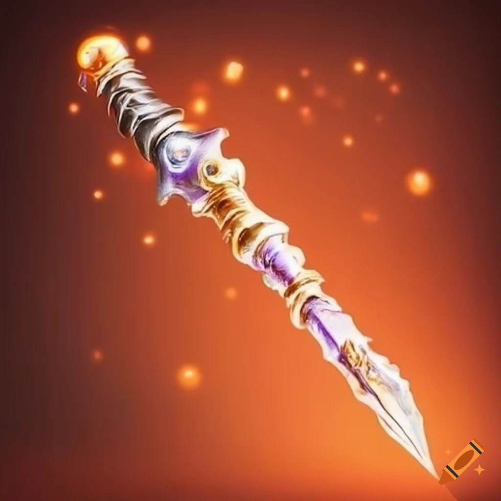 Long heroic fantasy magic wand in luminous orange metal