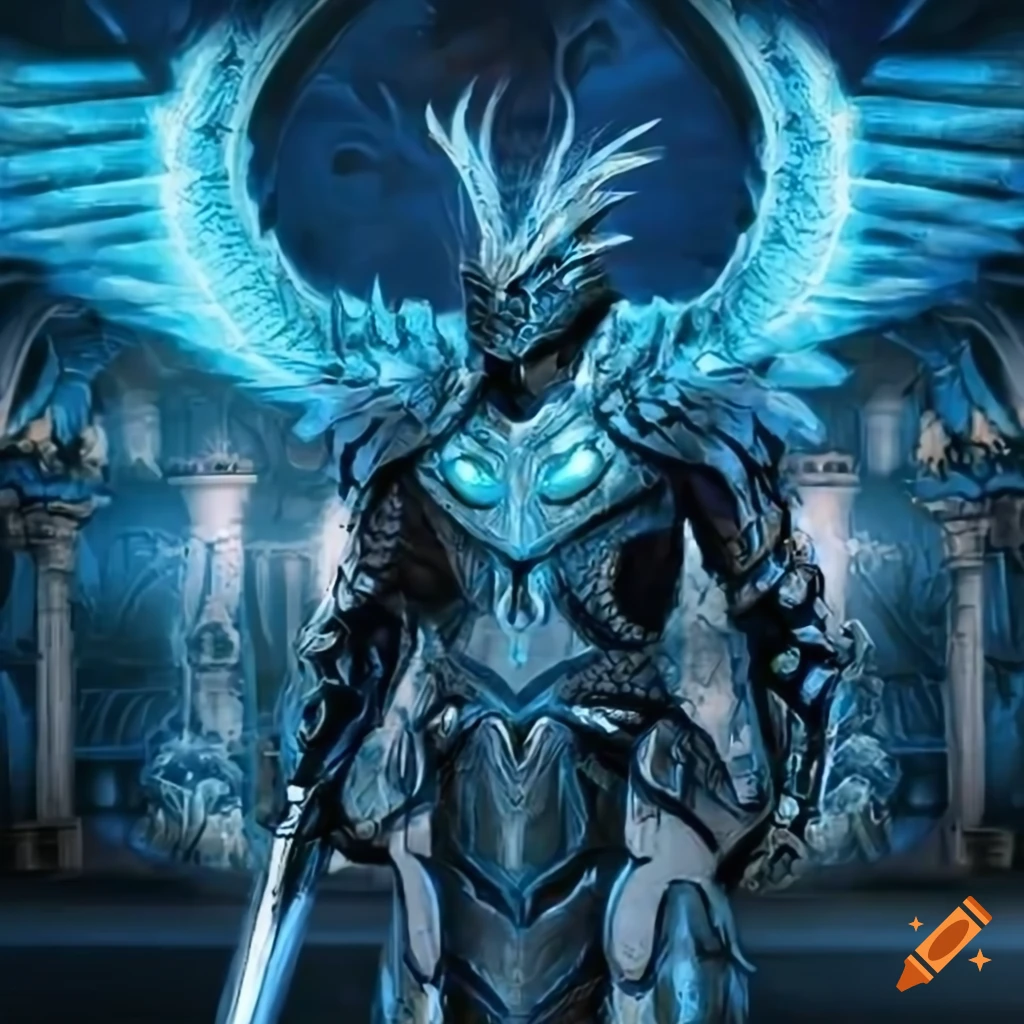 Regal medieval winged warrior in futuristic dragon armor with glowing cyan sword on Craiyon