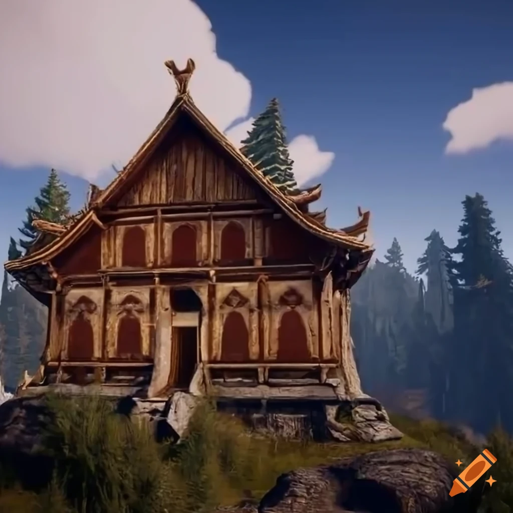 Etruscan-hittite-viking colored wooden temple in taiga forest with ...