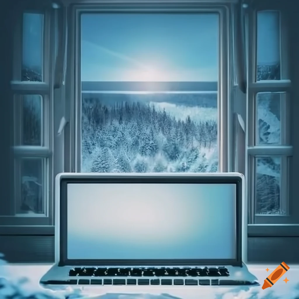 Computer in front of window with snowy landscape view