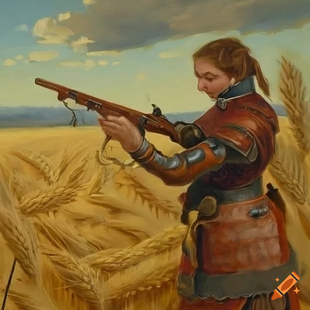 Hand grabbing a medieval pistol from a wheatfield in an oil painting