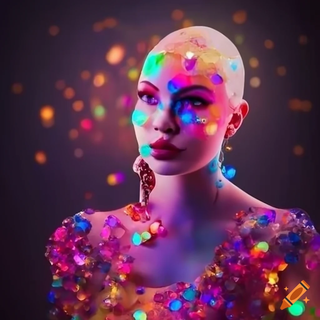 Sparkling crystals shaped like a woman in vibrant colors on Craiyon