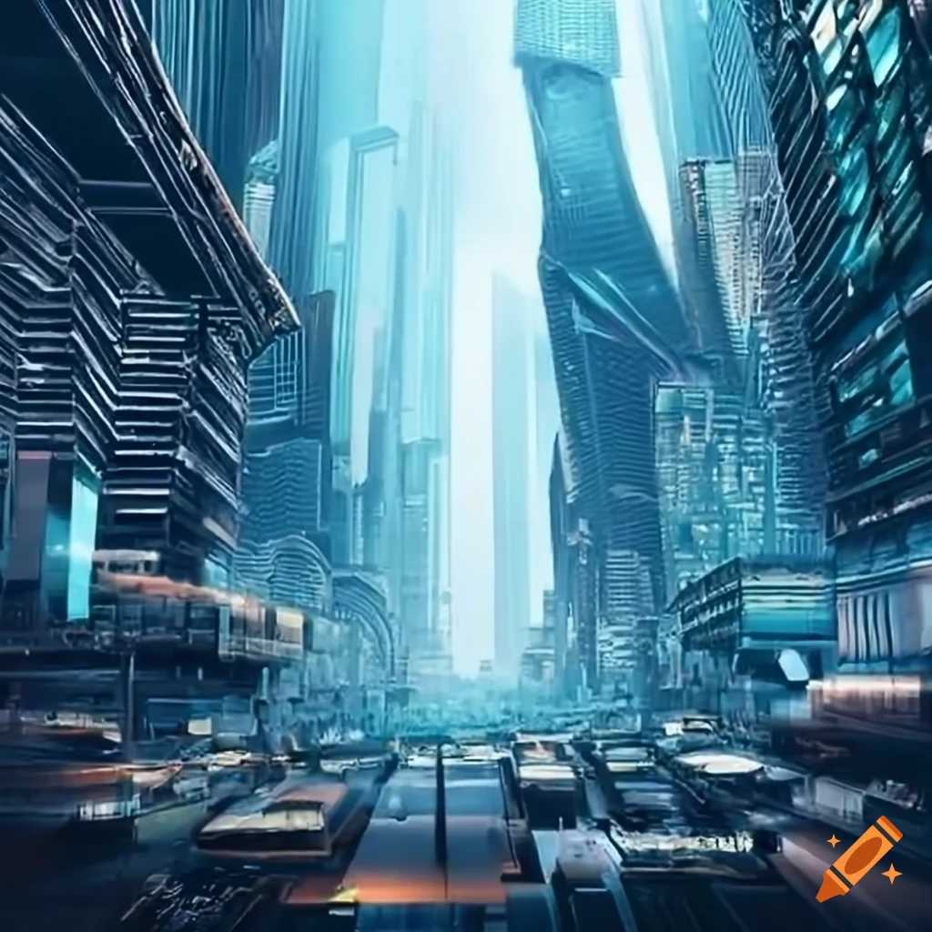 Futuristic cityscape with colossal skyscrapers and multi-level highways ...
