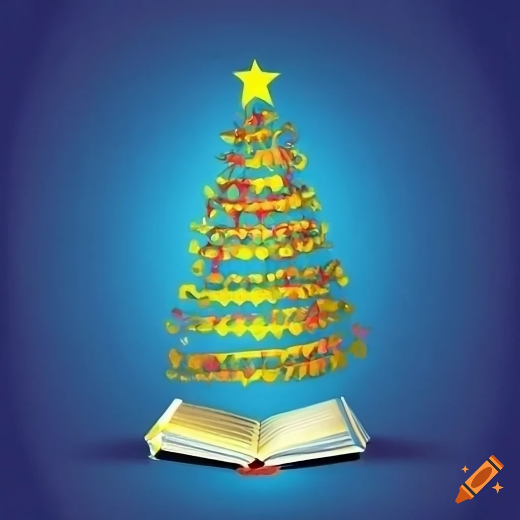 Festive christmas tree with blue and yellow math book underneath
