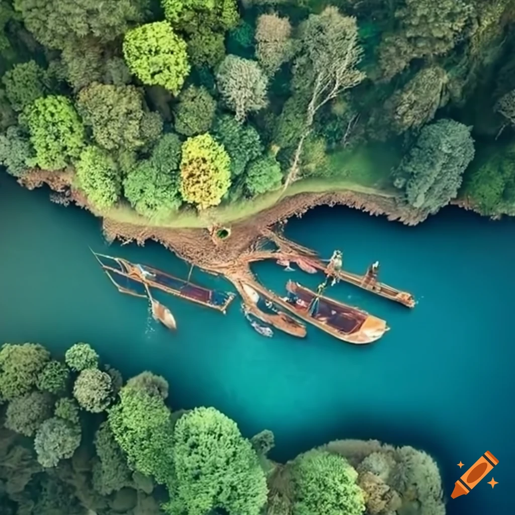 Aerial view of elves docking boats under ancient tree canopy in ...