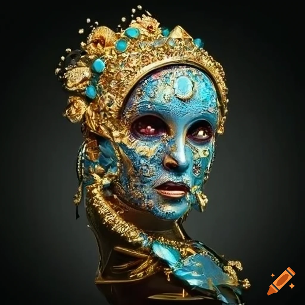 Otherworldly creature adorned in detailed gold jewelry with unique ...