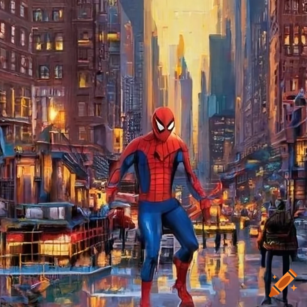 Spider-man in new york city by thomas kincade on Craiyon
