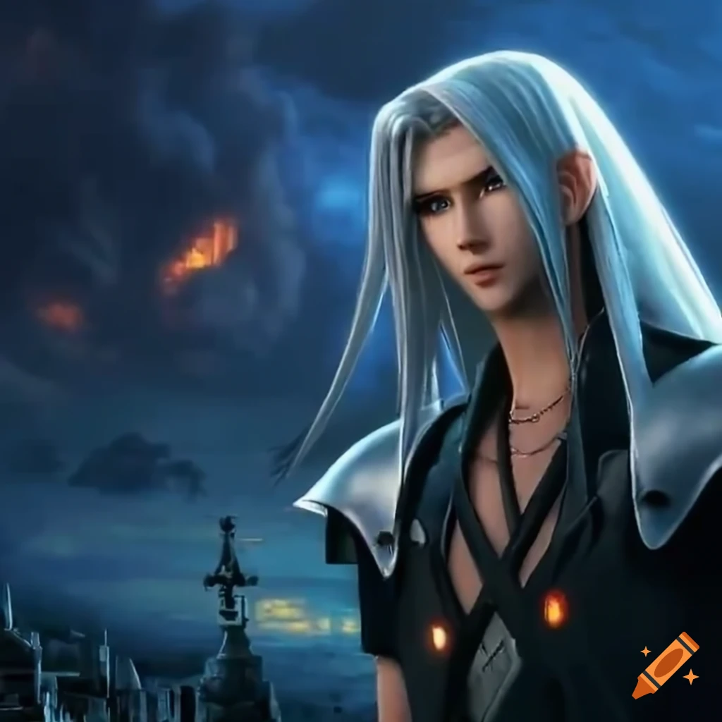 Sephiroth braving the blazing inferno with one black wing in epic scene ...