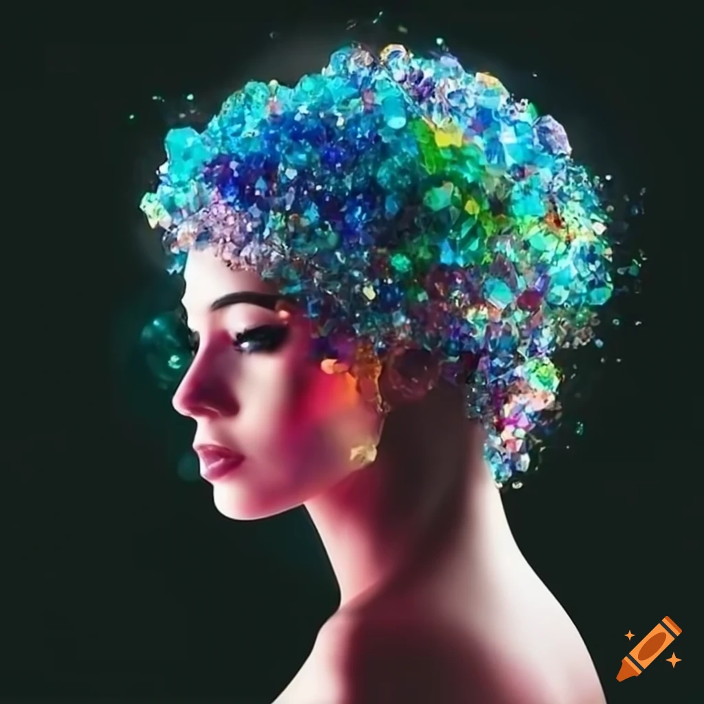 Sparkling crystals shaped like a woman in vibrant colors