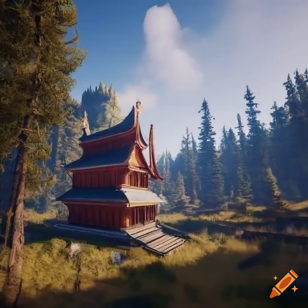 Aerial view of Etruscan-Hittite-Viking temple in taiga forest with ...