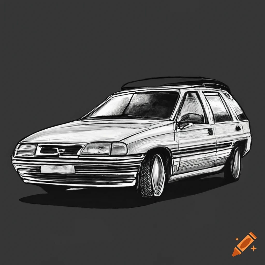 Pencil drawing of opel combi omega 2000 from the side on Craiyon