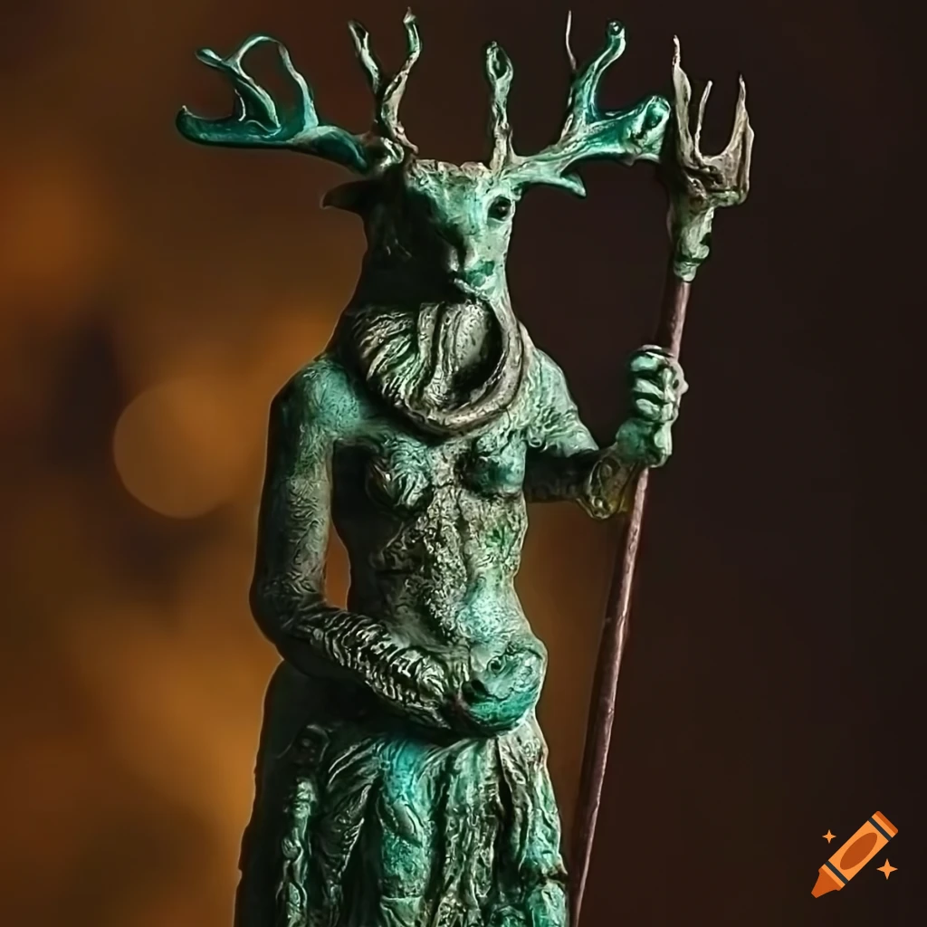 Ancient bronze vase with stag monster holding magic staff in hd