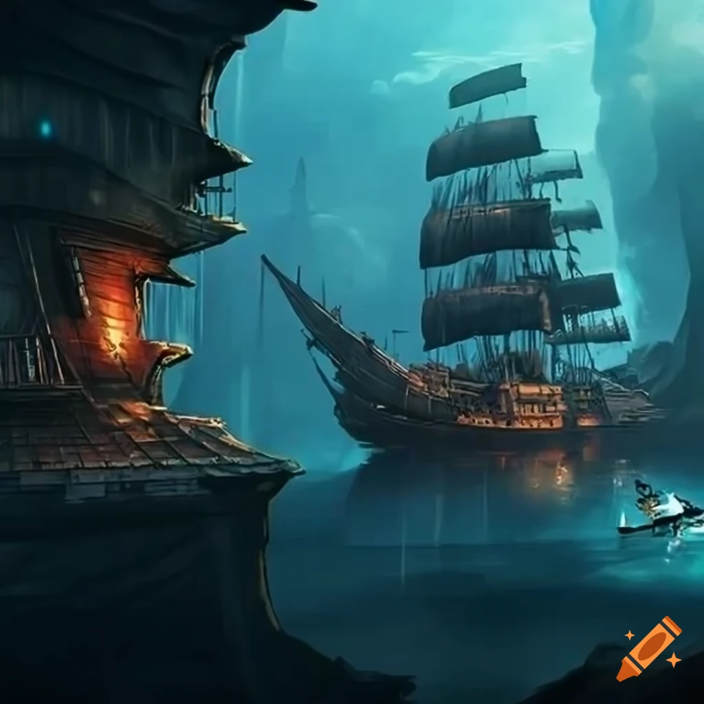 Futuristic pirate ship in a lush mountain harbor in a science fiction ...