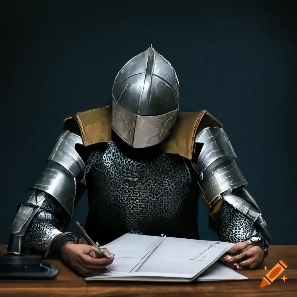 Knight standing behind a man writing a letter at a desk on Craiyon