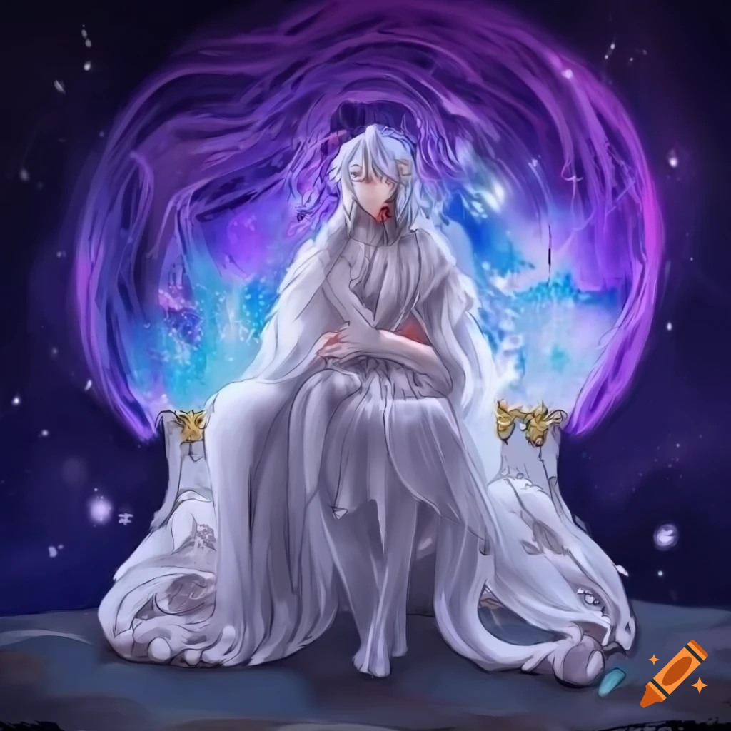 White humanoid figure on a cosmic throne in manga art style on Craiyon