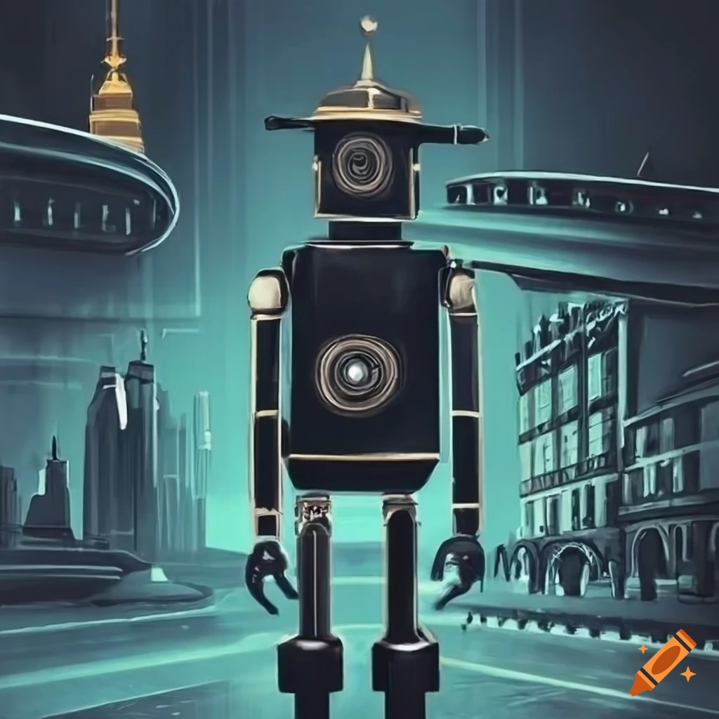 1940s art deco noir decopunk robot in a retro futuristic city