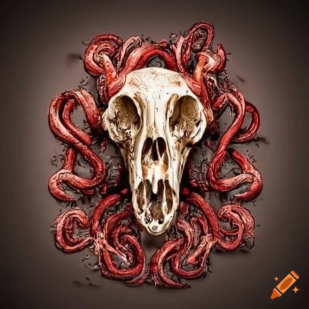Engraved dog skull with red tentacles