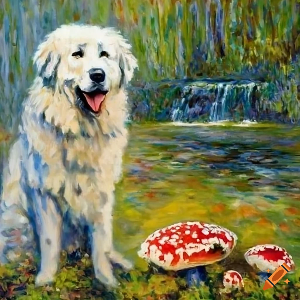 Monet painting of a white maremma sheepdog in spring with mushrooms and ...