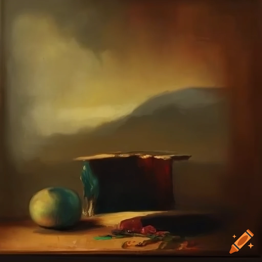 Muted landscape with mysterious, colorful objects on a table