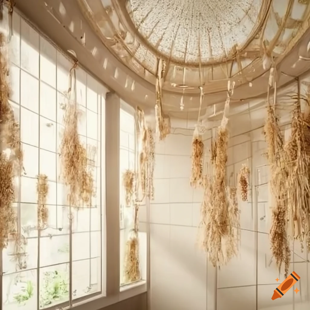 Spacious room with dried flowers hanging from the ceiling