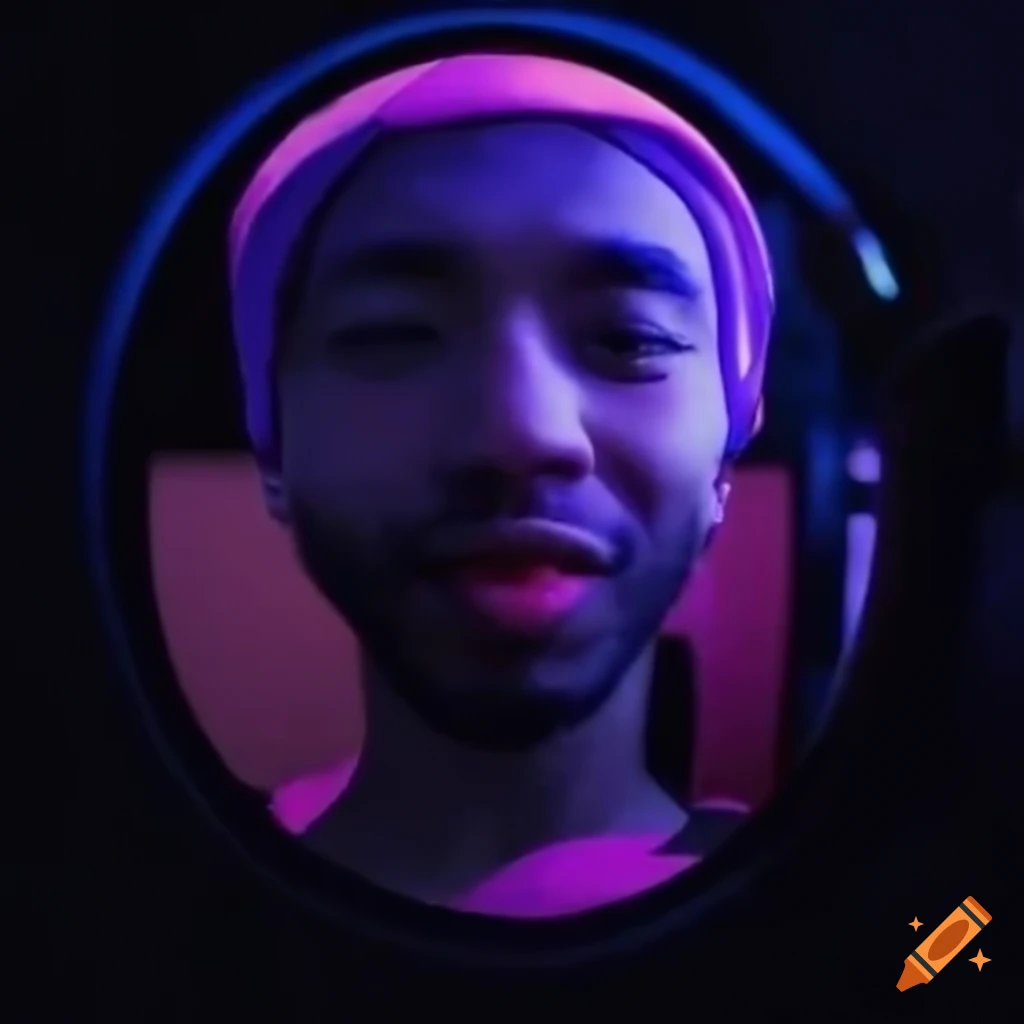 Twitch streamer Kai Cenat shouting with fisheye lens effect on Craiyon