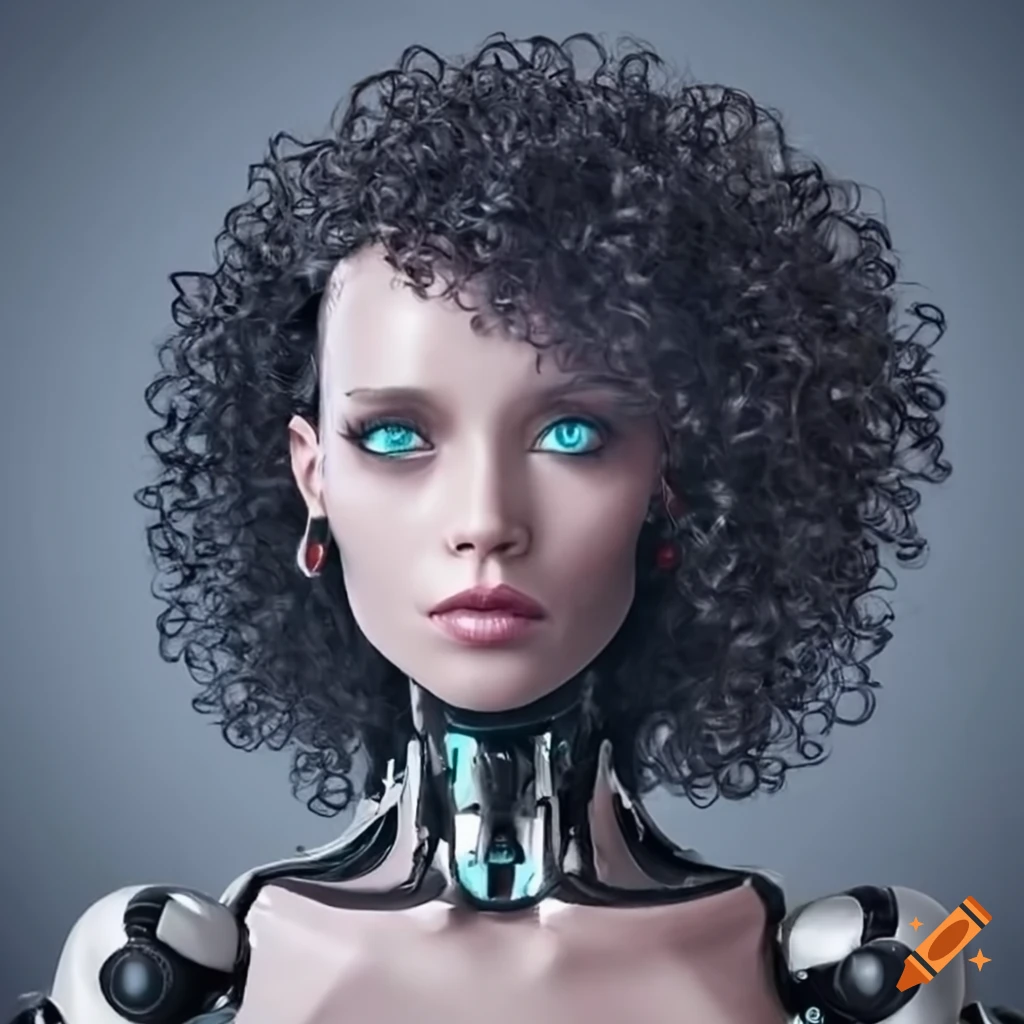 Female robot with black curly hair