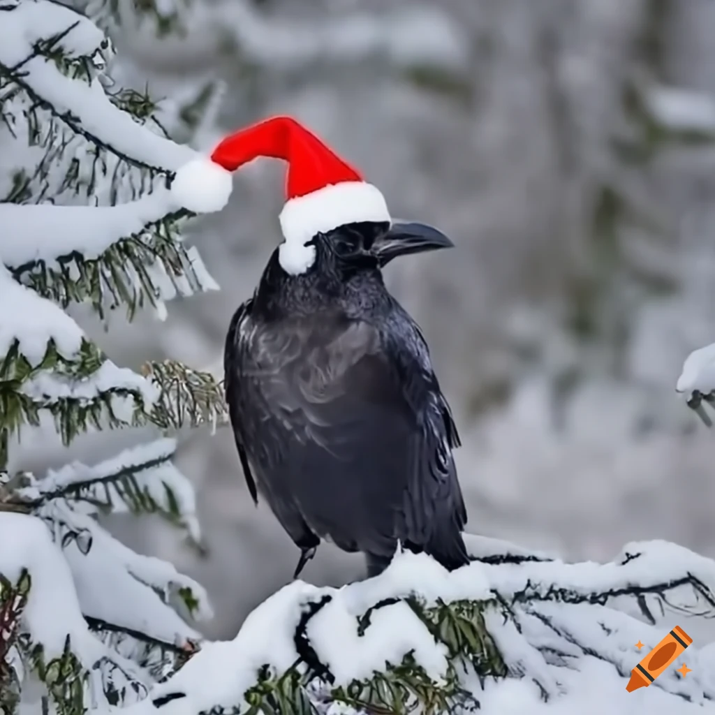 Crow with a christmas hat in a snow-covered tree on Craiyon