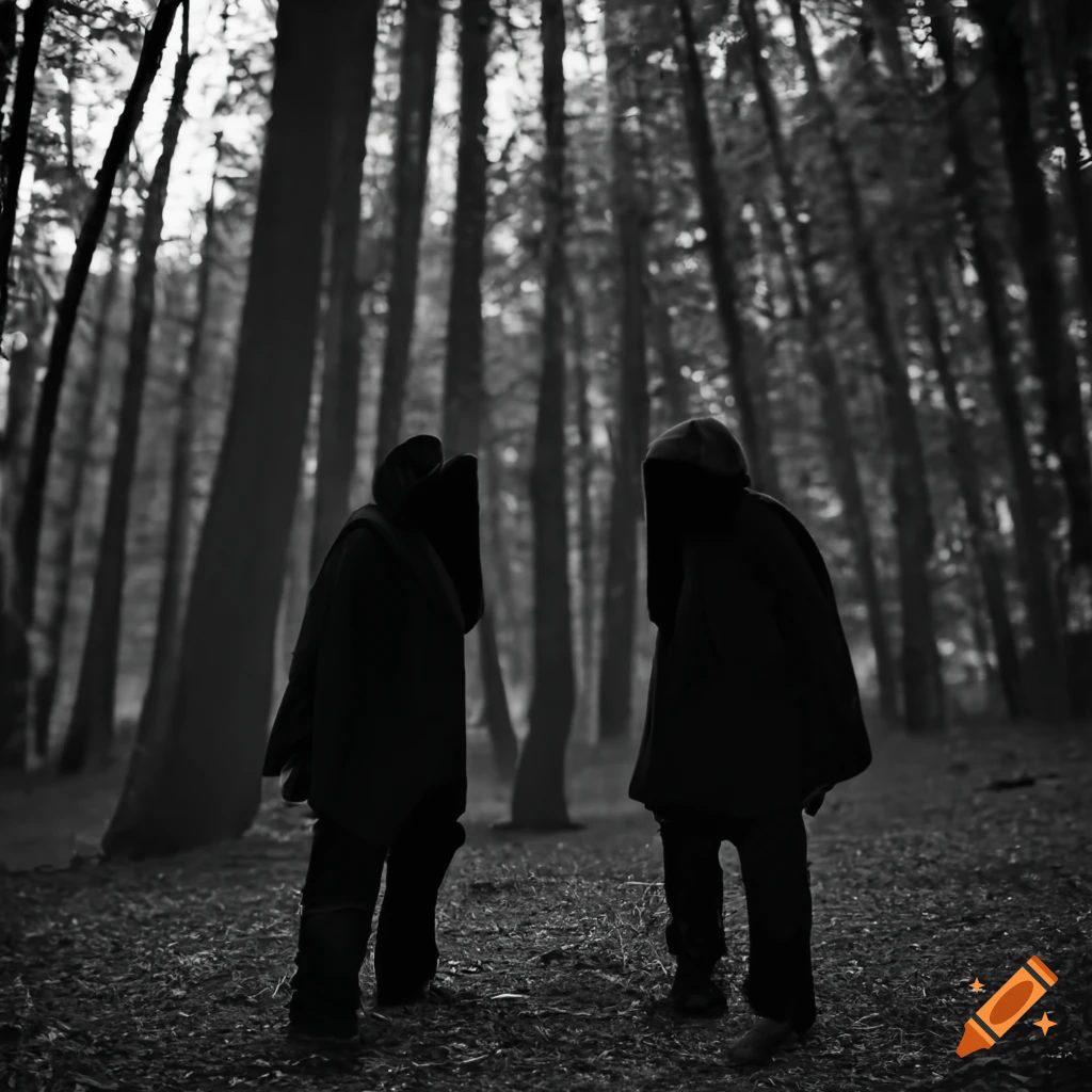 Two hooded people standing in the woods from a low angle on Craiyon