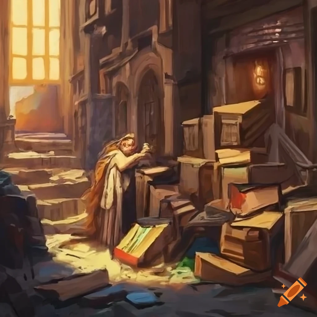 Pile of trash and books in a medieval city