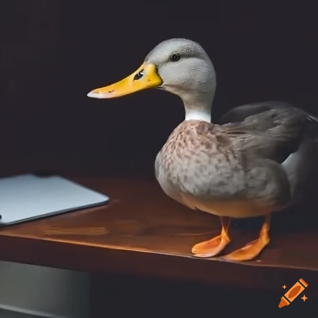 Sad duck sitting at a desk