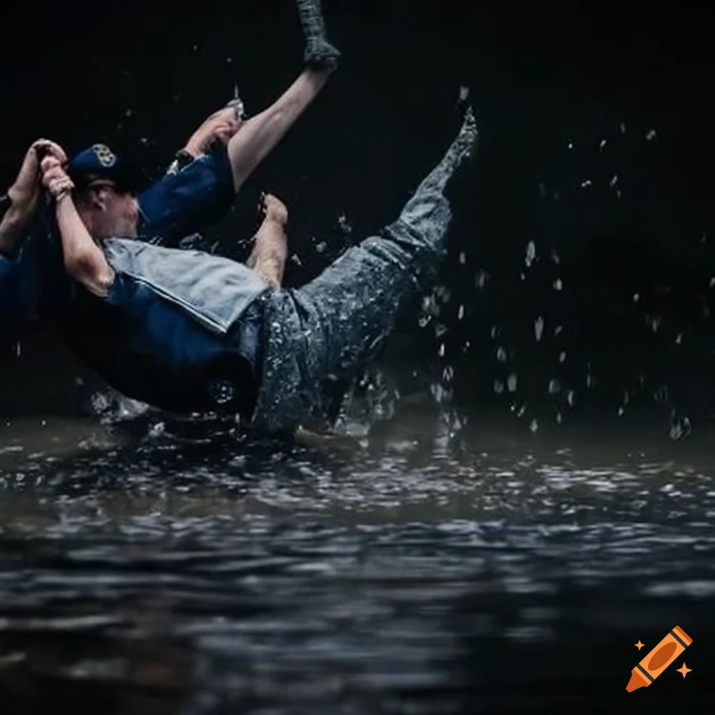 Police officer in uniform falling into a big puddle of water on Craiyon