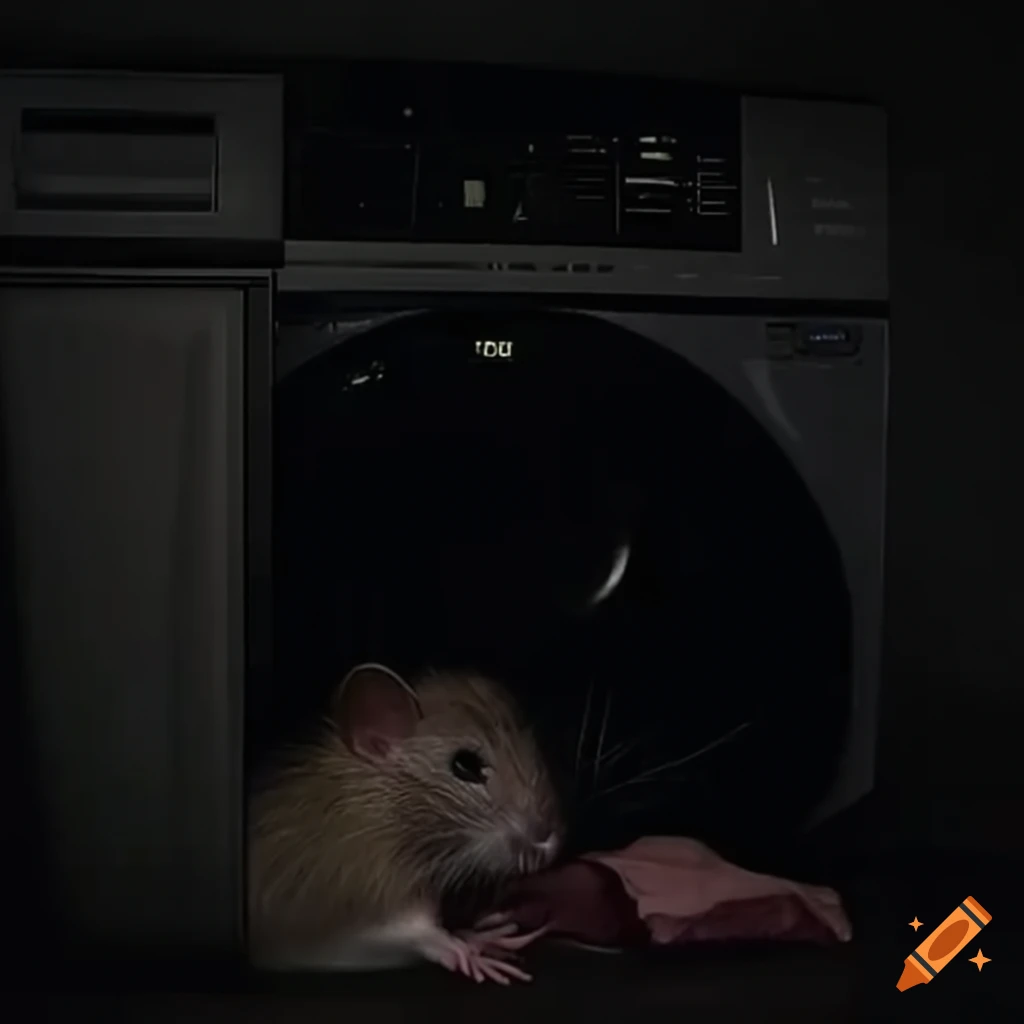 Rat sitting outside a washing machine full of clothes in darkness on ...