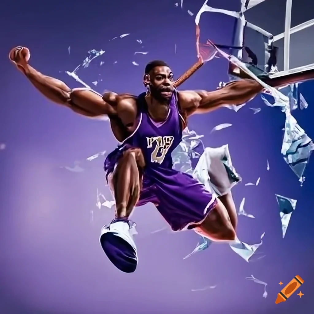Strong male basketball player slam dunking with shattered glass flying ...