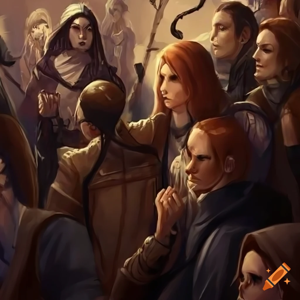 Crowd of reporters surrounding a criminal in fantasy art style on Craiyon