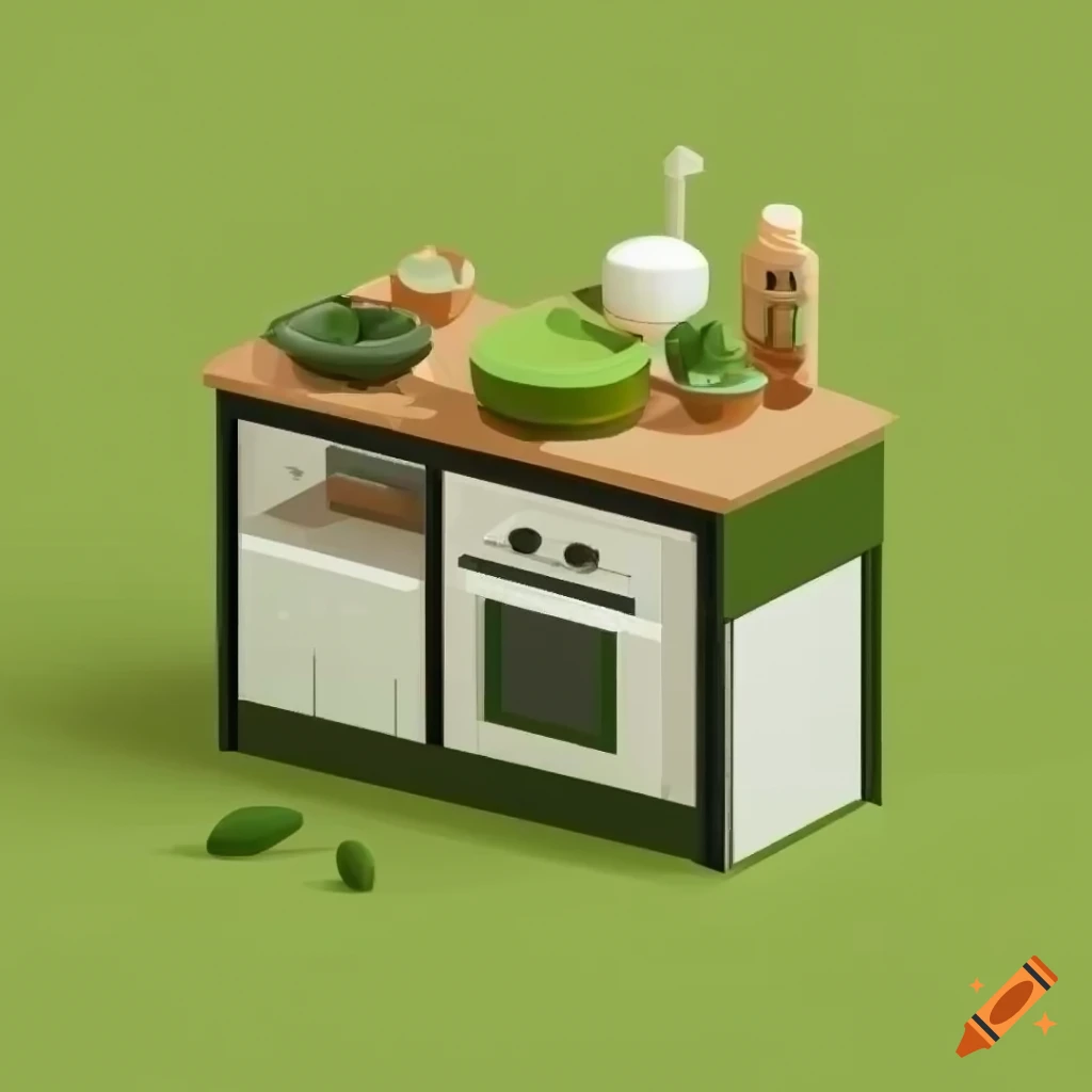 Isometric cozy kitchen in olive green