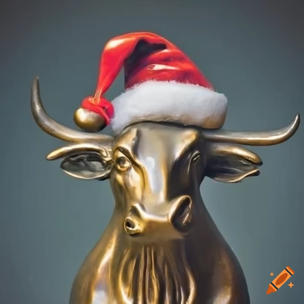 Bronze bull wearing a christmas hat in a festive atmosphere on Craiyon
