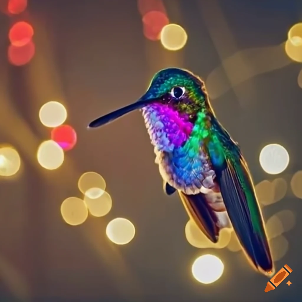Angry hummingbird amid christmas lights