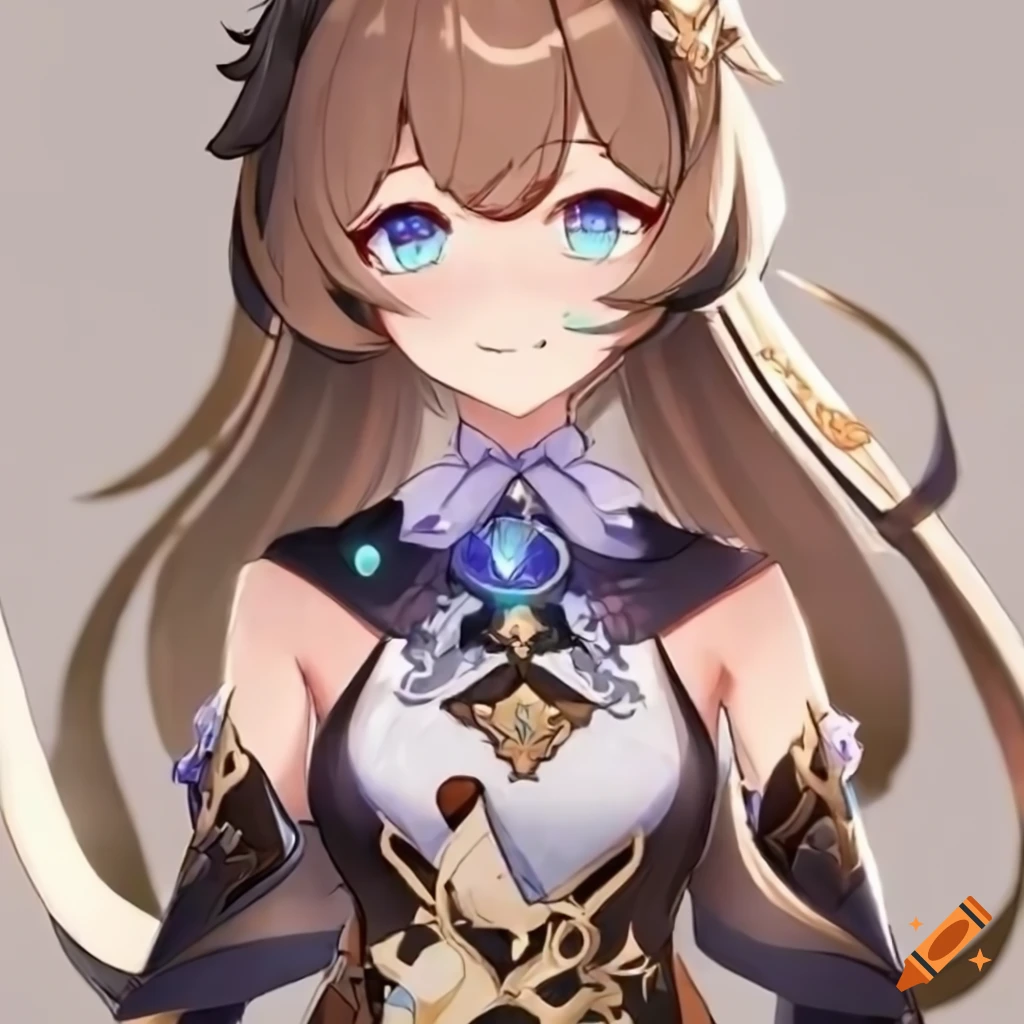Genshin impact girl with brown hair and blue eyes, holding an anemo ...