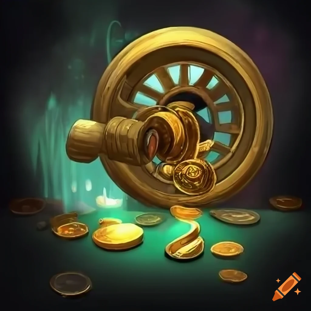 Coins flowing out of a game show studio machine in a fantasy art style ...