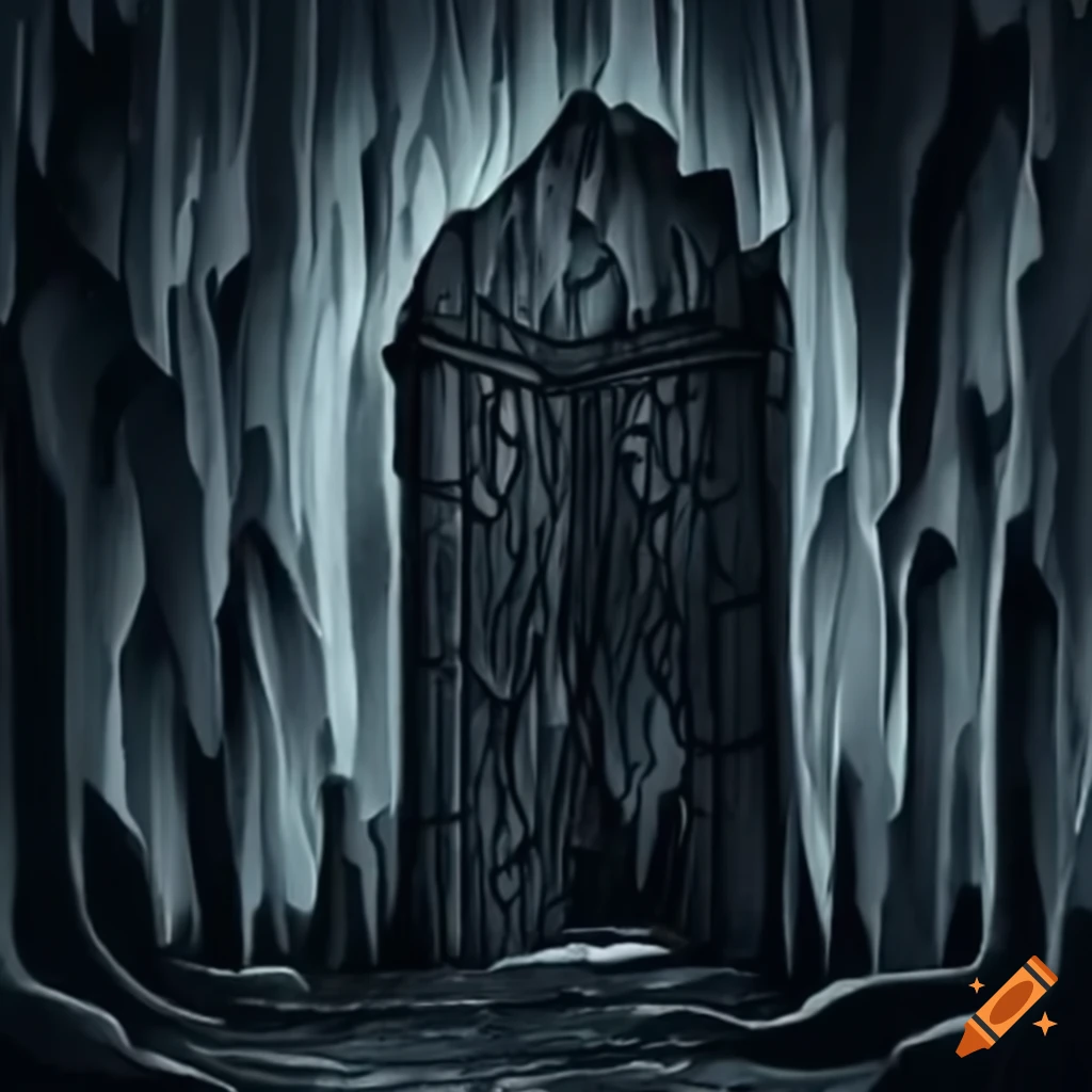 Ominous black wooden gate in an icy cave