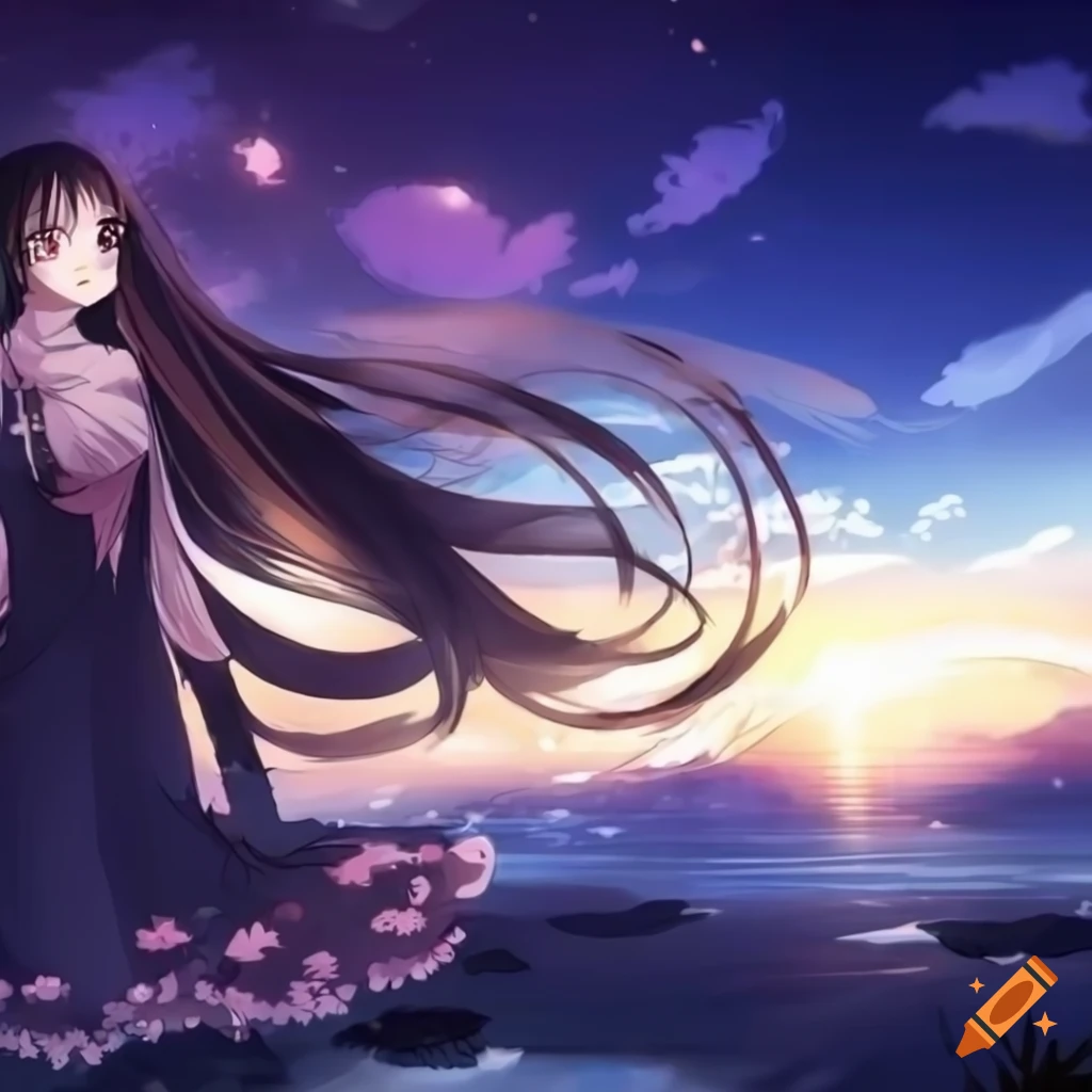 Anime girl in spring with black flowing hair, golden glowing light ...
