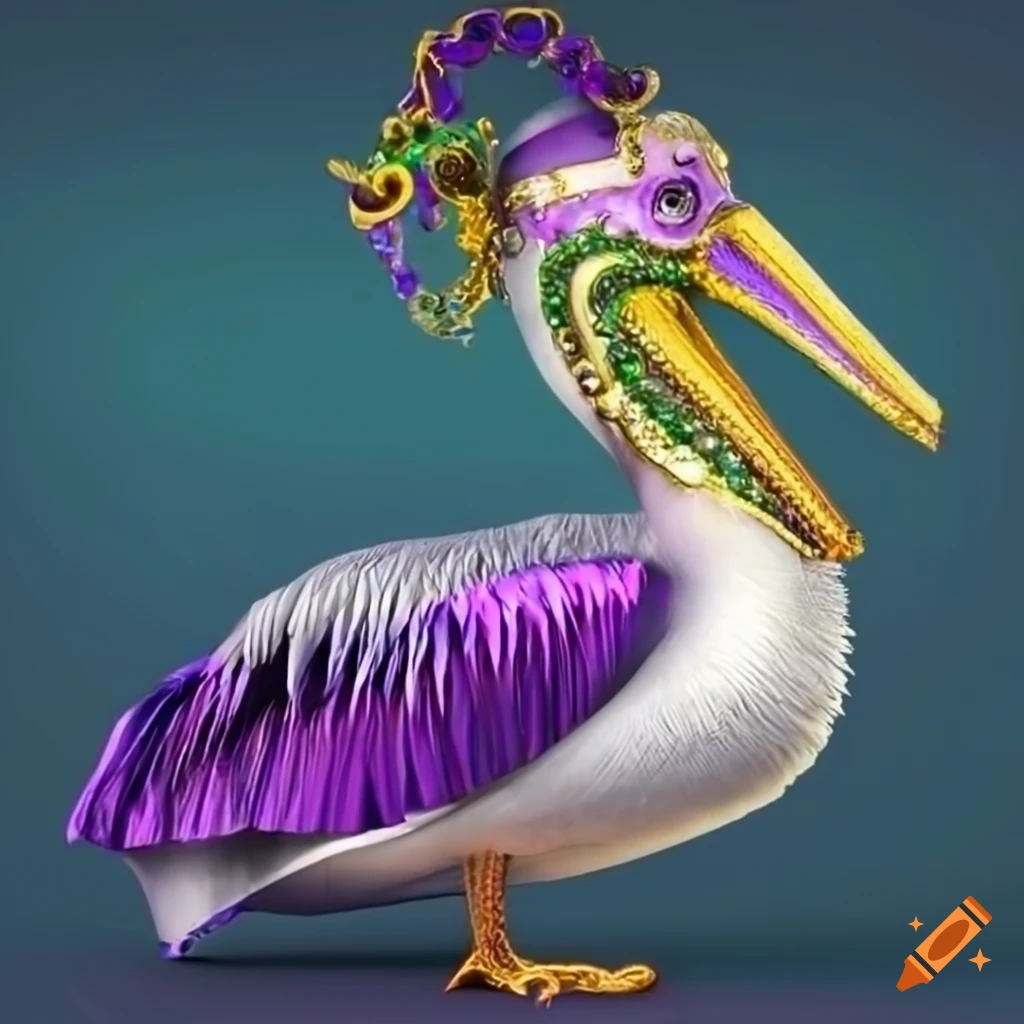 Pelican wearing Mardi Gras mask in realistic 3D render on Craiyon