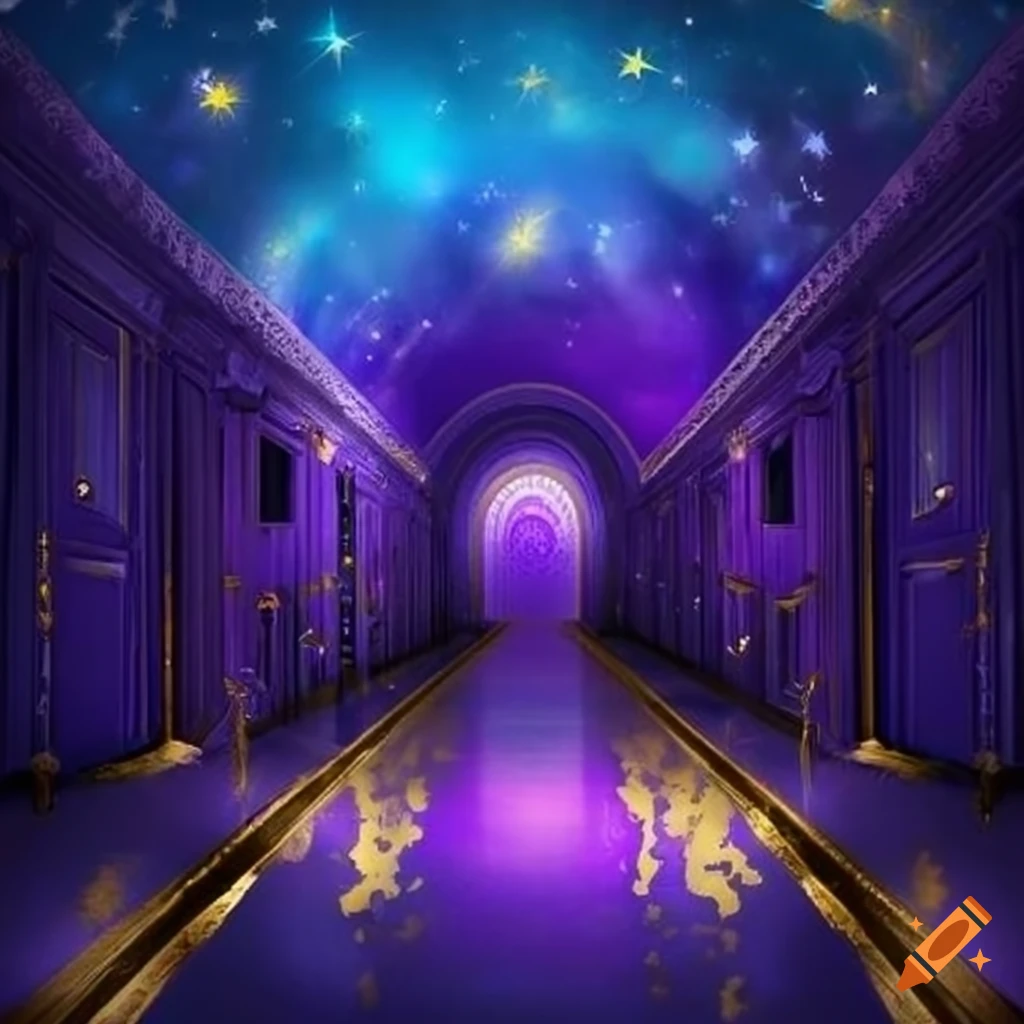 Purple, blue, and gold fantasy hallway with starry ceiling on Craiyon