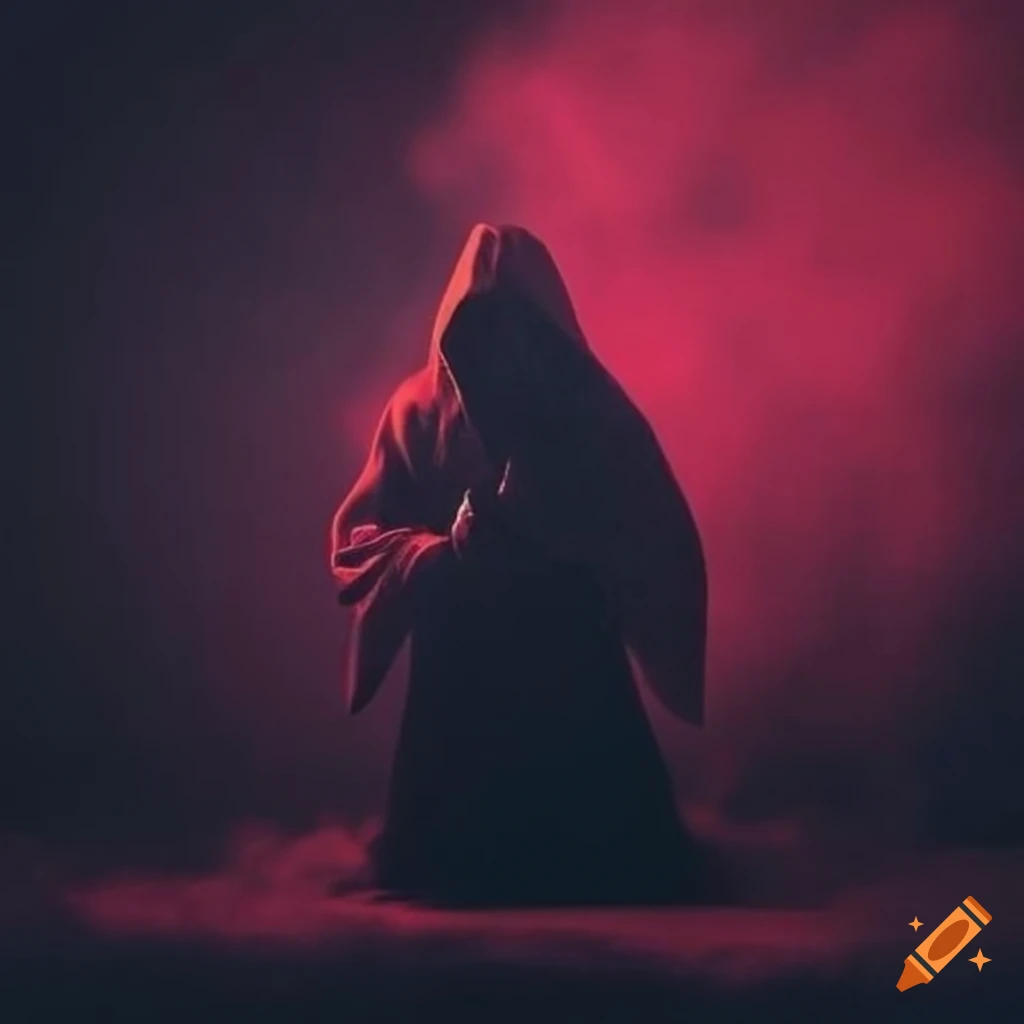 Mysterious figure in dark robes kneeling in front of a being made of ...