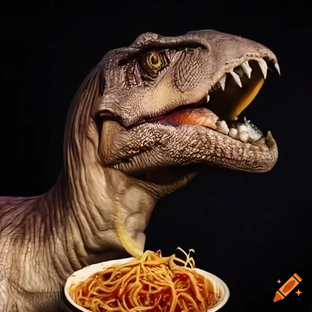 T-rex eating spaghetti in a humorous scene on Craiyon