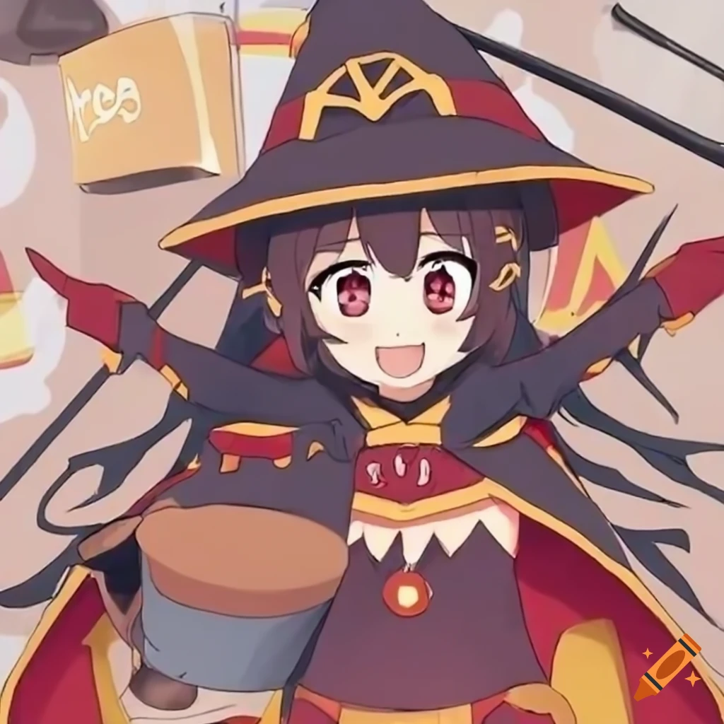 Megumin welcoming customers at mcdonald's with a friendly smile
