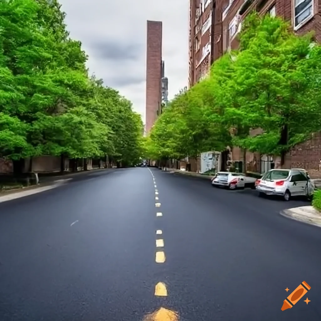 Asphalted main road with protective landscaping and residential ...