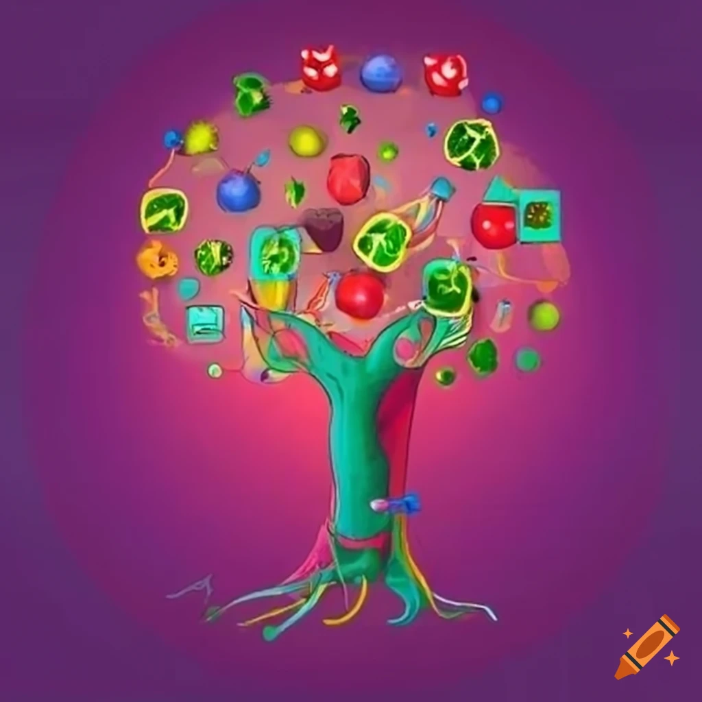 Tree with multimedia symbols as fruits