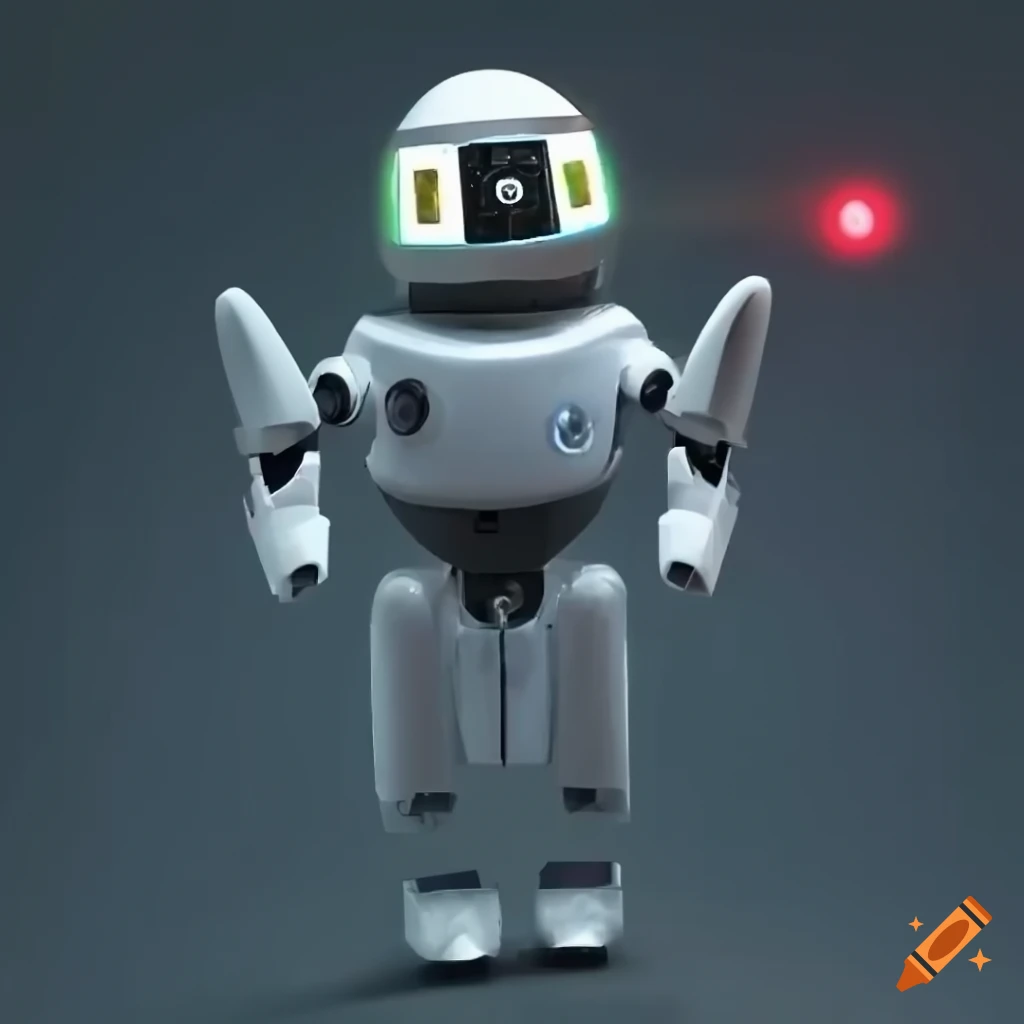 Floating grey robot with rocket-shaped body and robotic arms